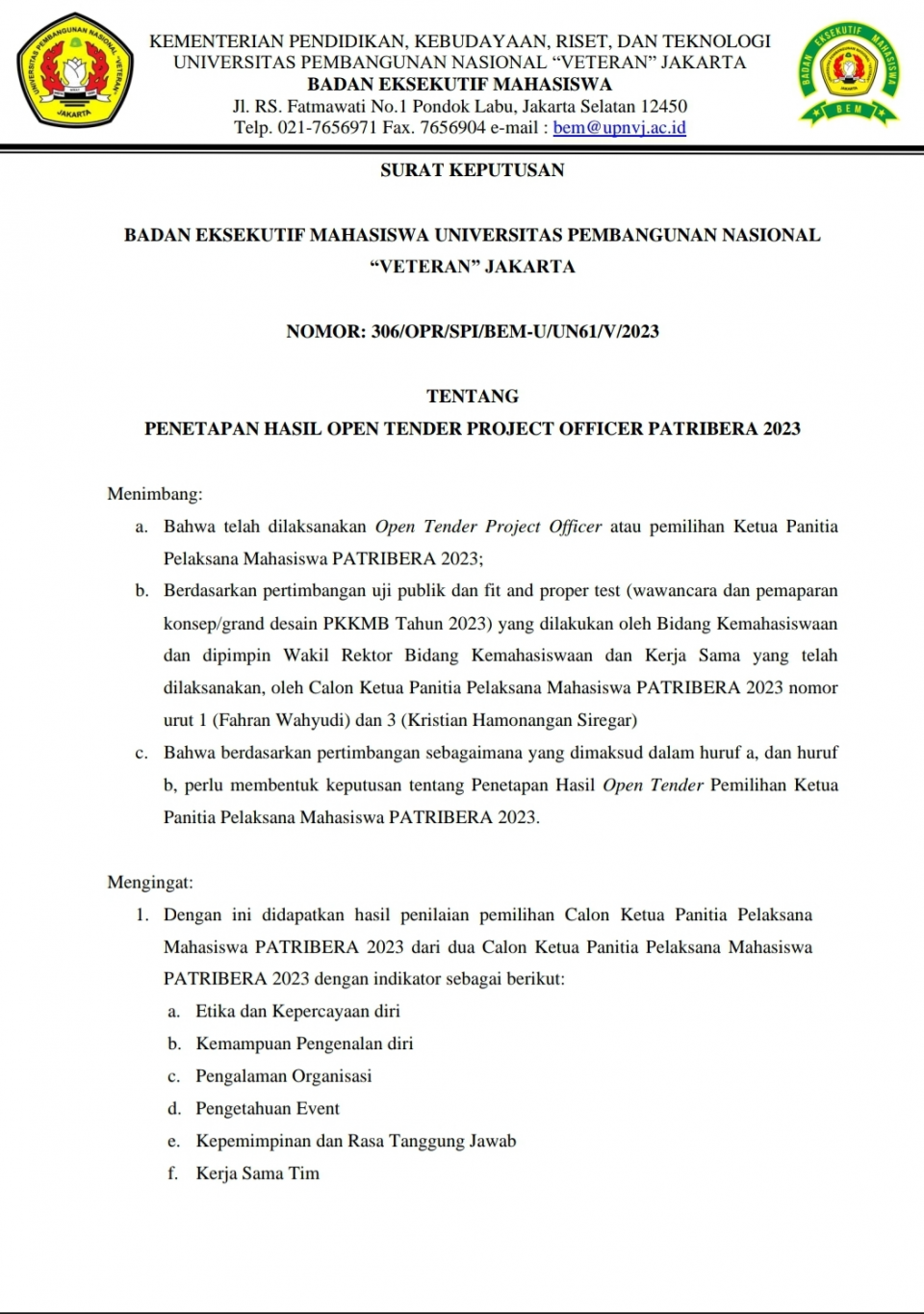 Huru-hara Pemilihan PO Patribera UPNVJ 2023 - Aspirasi Online
